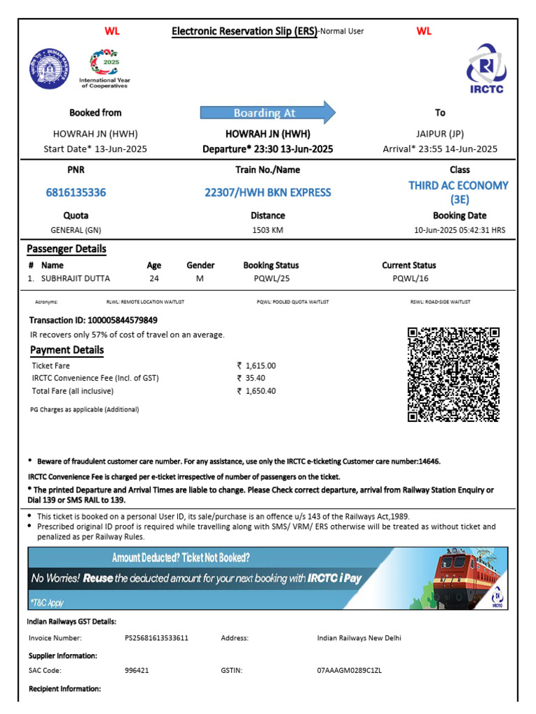 ERS for Howrah to Jaipur Train Booking | PDF | Identity Document | Payments