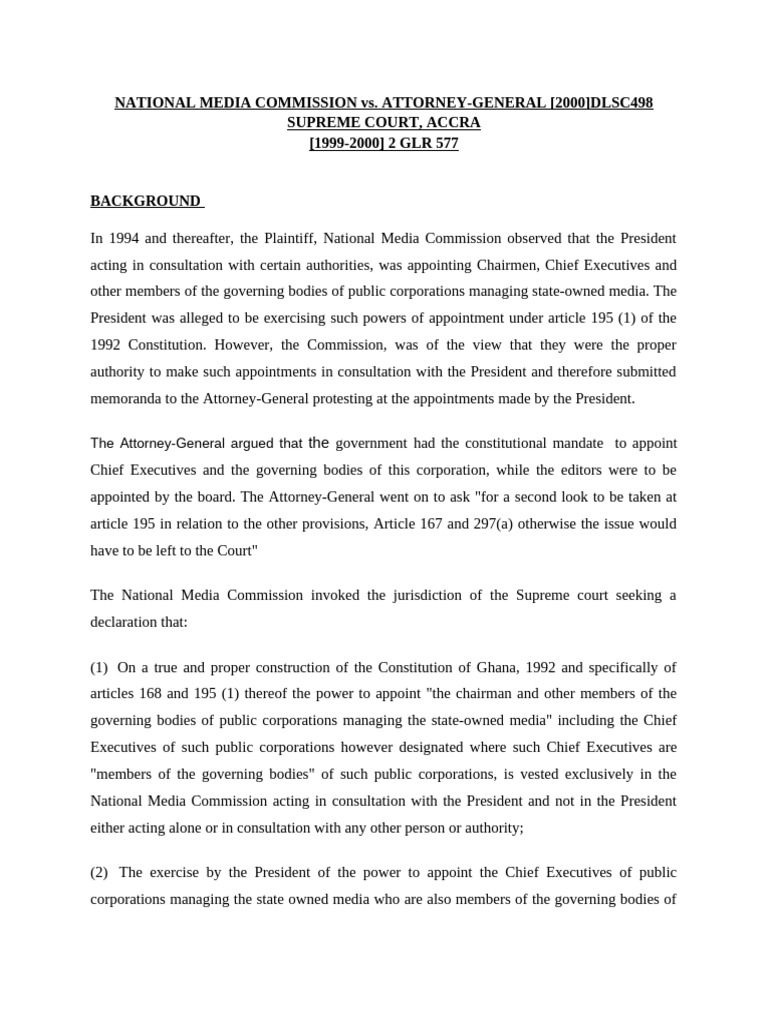 CASE BRIEF - National Media Commission V AG | PDF | Separation Of Powers | Constitutional Law