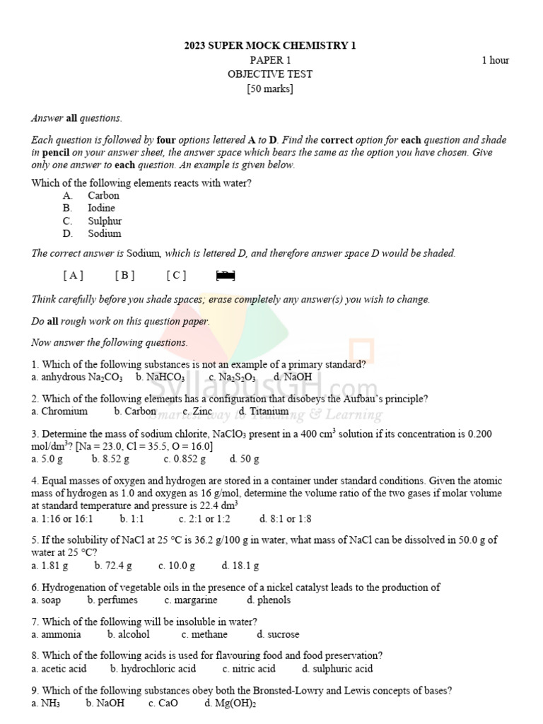 2023 Super Mock Chemistry 1 | PDF | Acid | Redox