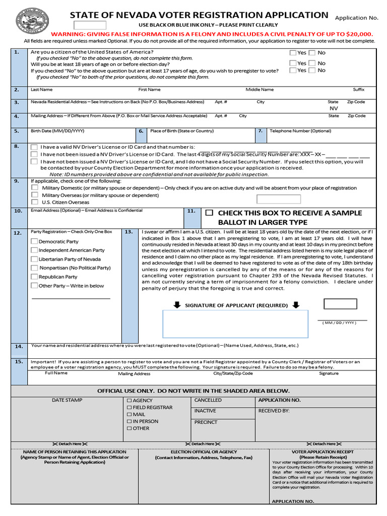Nevada Voter Registration Application | PDF | Voter Registration ...