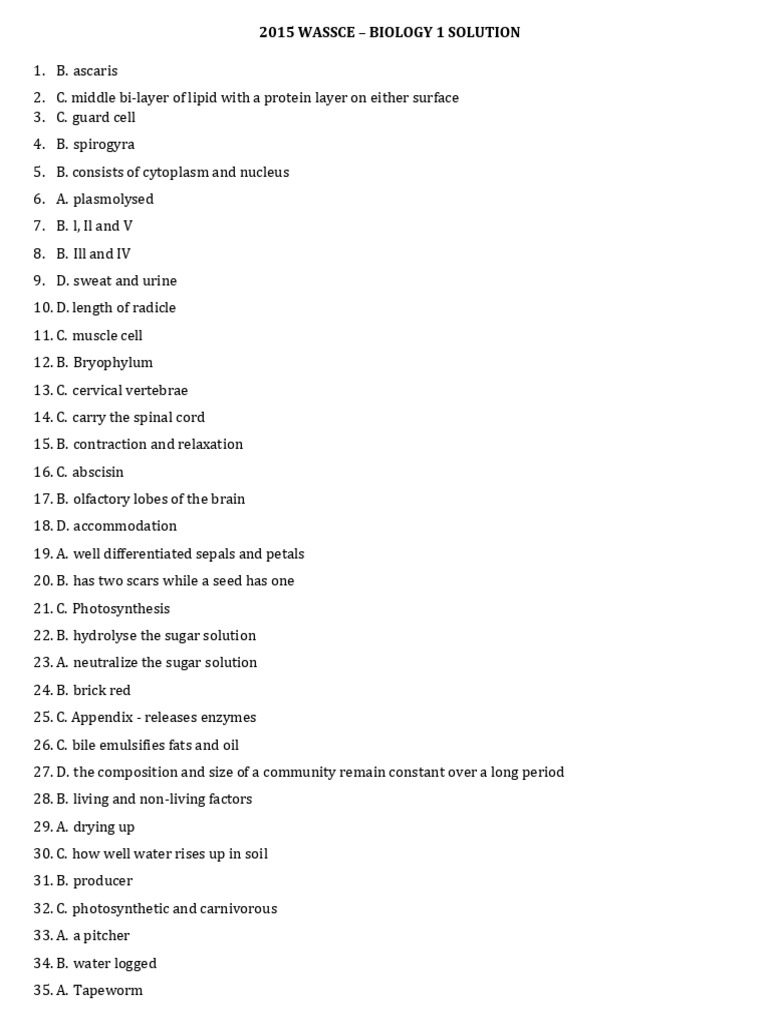 2015 Wassce - Biology 1 Solution | PDF
