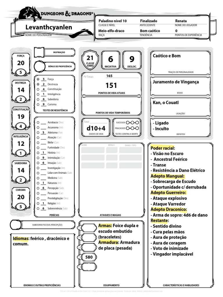 DD 5e Ficha de Personagem Completavel Biblioteca Elfica | PDF