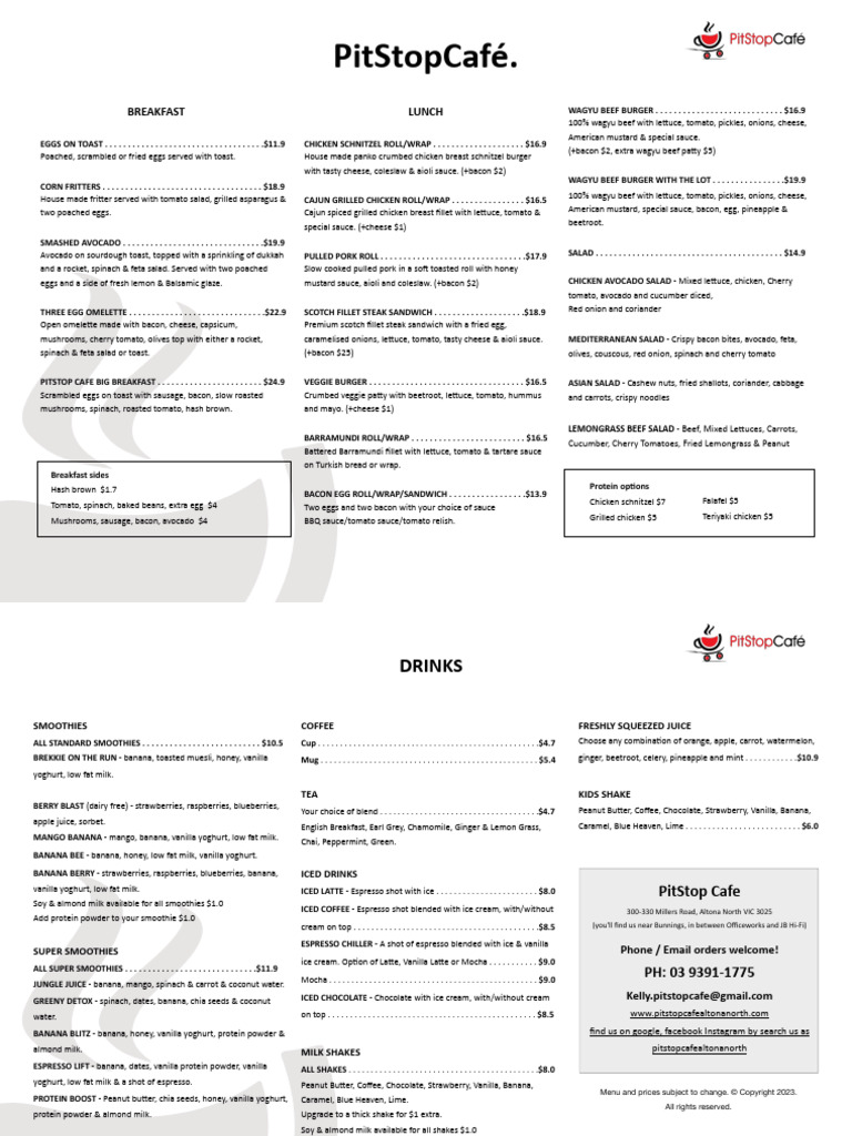 Pitstop Cafe Menu Overview | PDF | Hamburgers | Salad