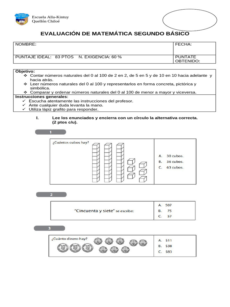 Prueba de Números Hasta El 100 | PDF