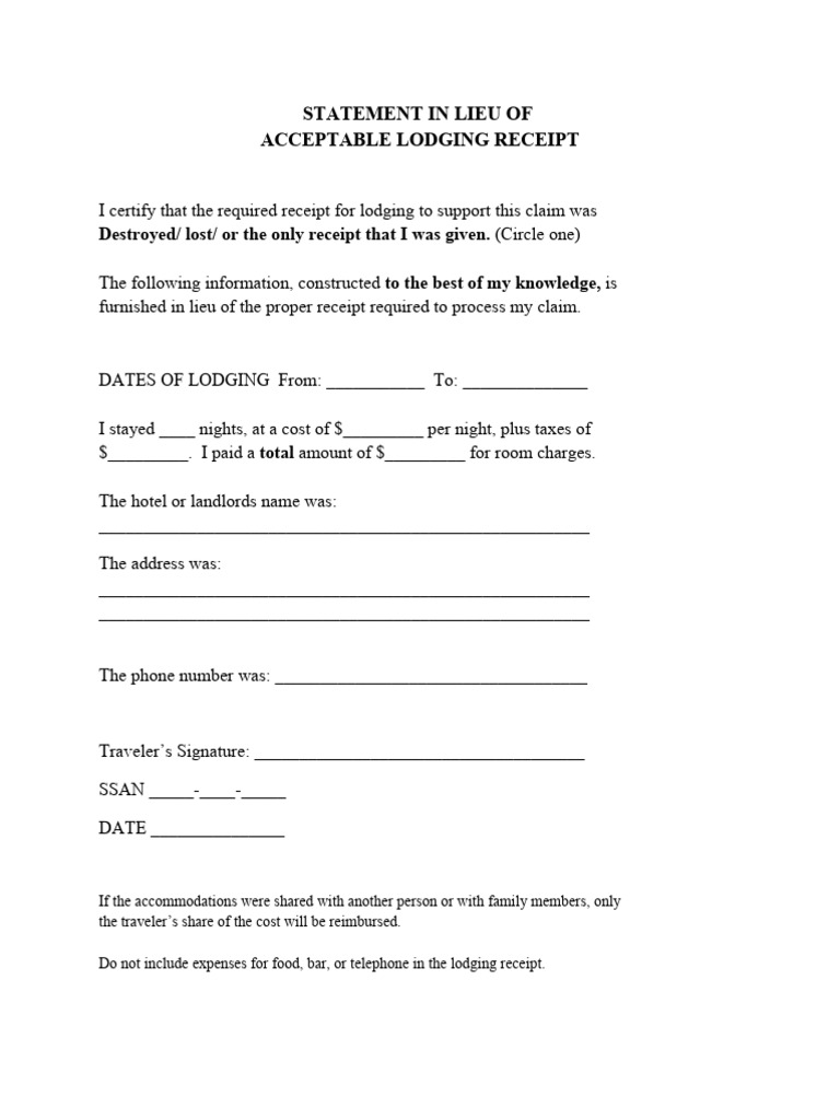 Lodging Receipt Statement Form | PDF