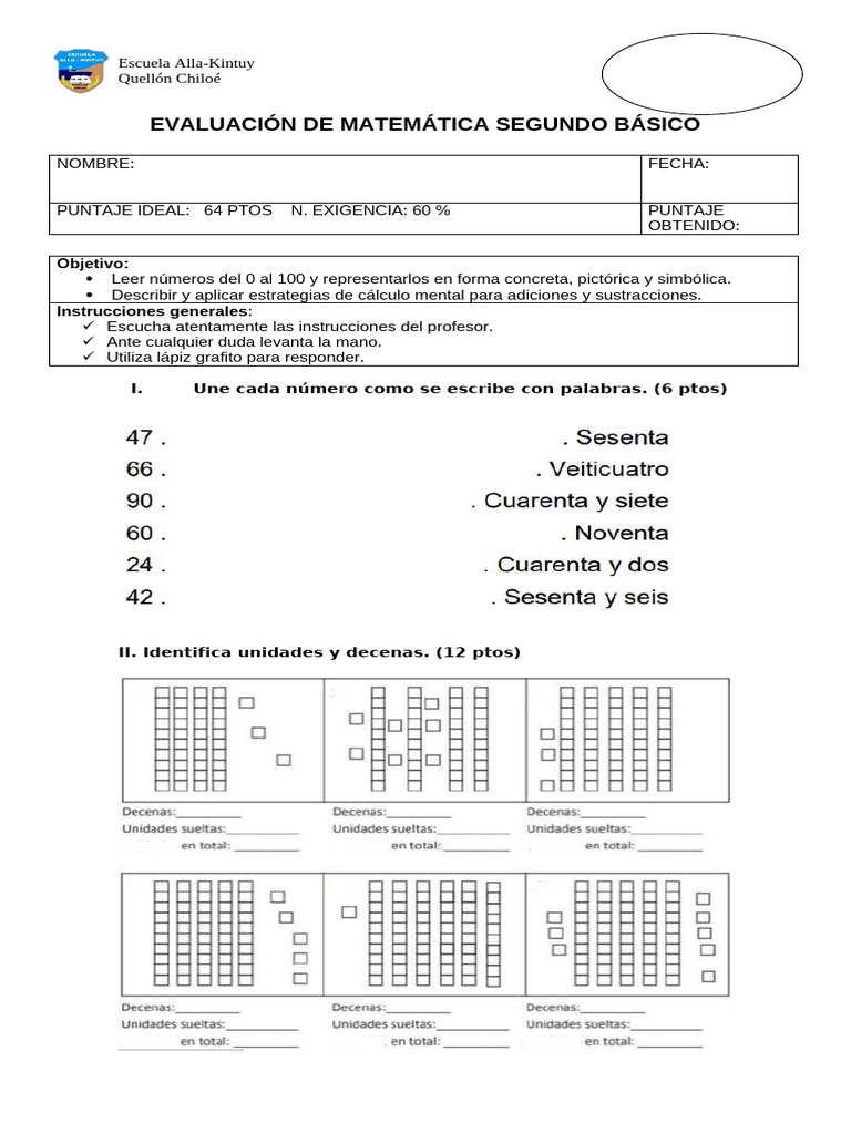 PRUEBA de Numeros Sumas y Restas | PDF