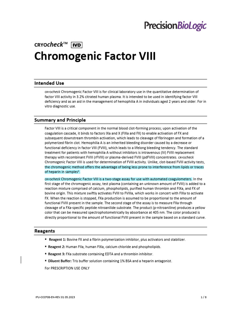 CRYOcheck Chromogenic Factor VIII Assay | PDF | Medical Specialties ...