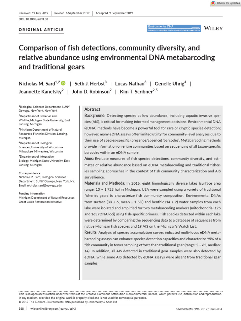 Environmental DNA - 2019 - Sard - Comparison of Fish Detections ...