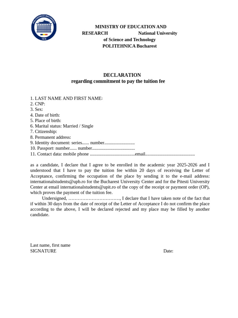 Declaration of Commitment To Pay The Tuition Fee en 2025 | PDF