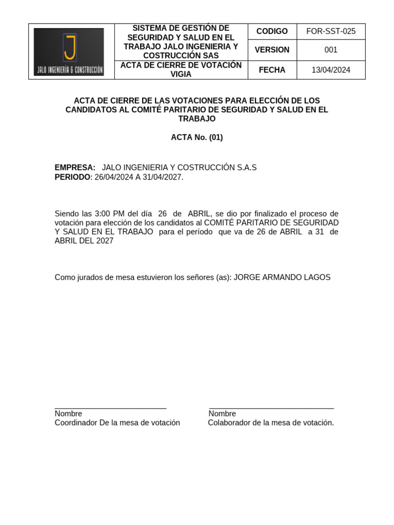 For-Sst-025 Acta de Cierre de Votacion Vijias | PDF
