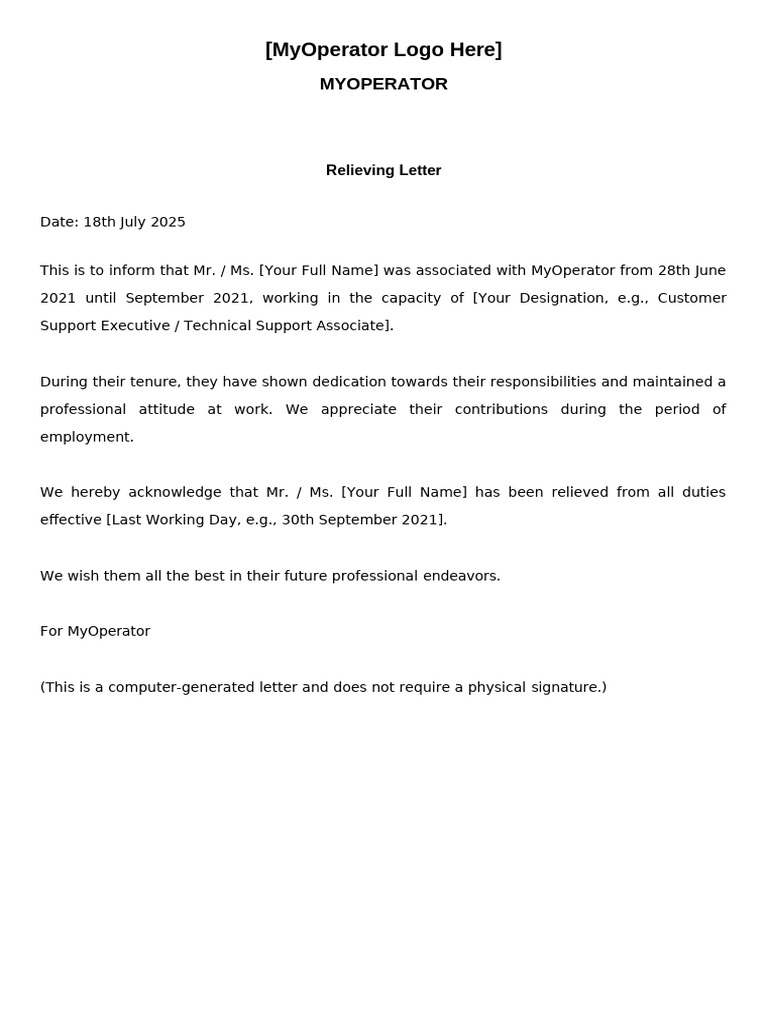 MyOperator Relieving Letter Template | PDF