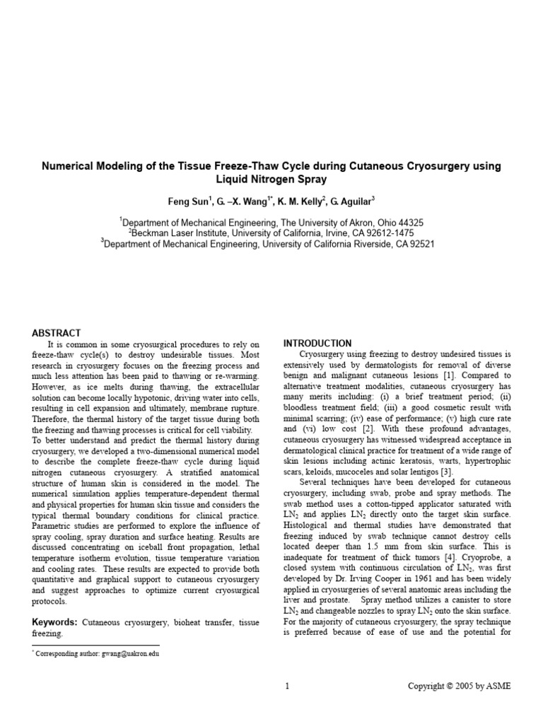 Numerical Modeling of The Tissue Freeze-Thaw Cycle During Cutaneous ...