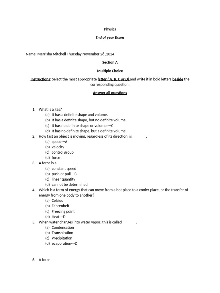 Physics End-of-Year Exam Questions | PDF | Evaporation | Liquids