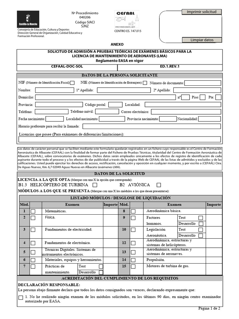 Anexo I Solicitud Pruebas Libres EASA | PDF