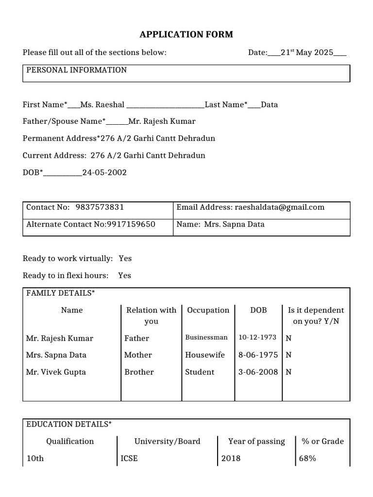 Vapl Application Form Raeshal | PDF