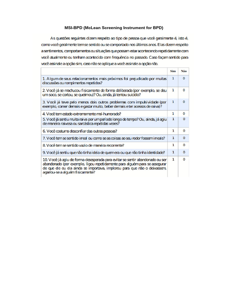 Avaliação Borderline - MSI BPD | PDF