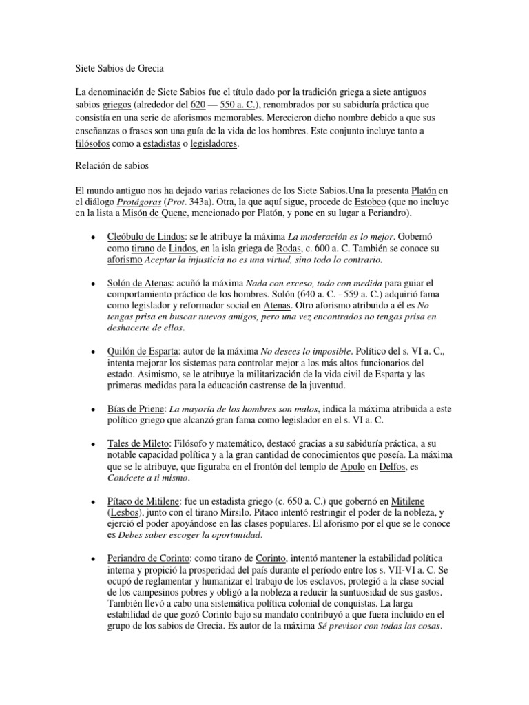 7 Sabios de Gresia | PDF | Los antiguos griegos | Antigua Grecia