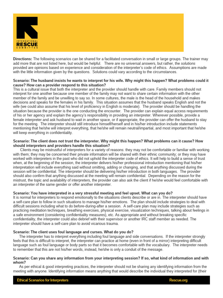 Ethical Scenarios For Interpreters Pdf Language Interpretation Confidentiality