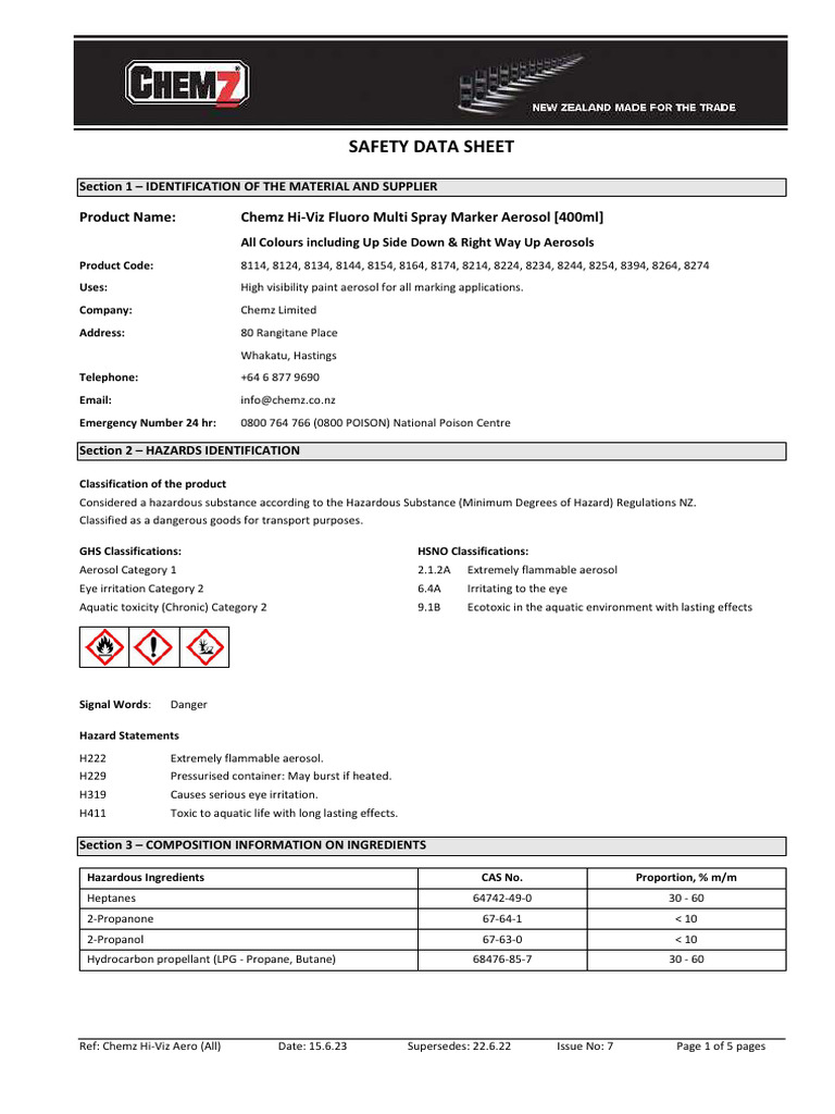 Chemz Hi-Viz Aerosol Safety Data Sheet | PDF | Dangerous Goods | Toxicity