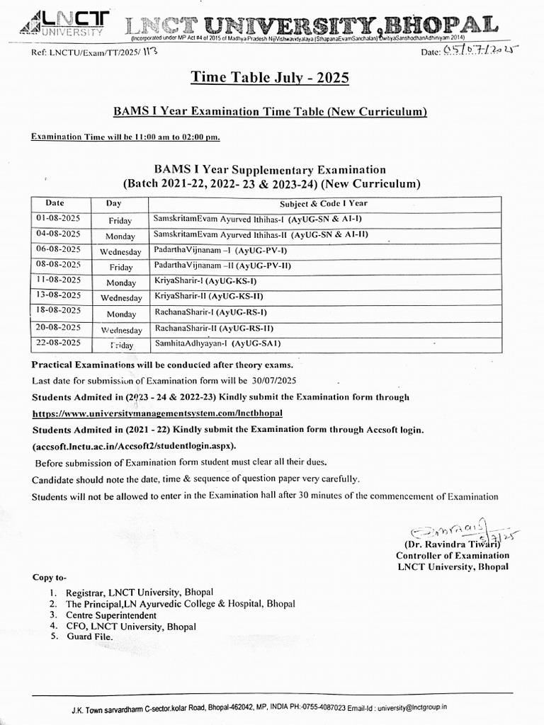 Bams I Year Supply Examination Time Table | PDF
