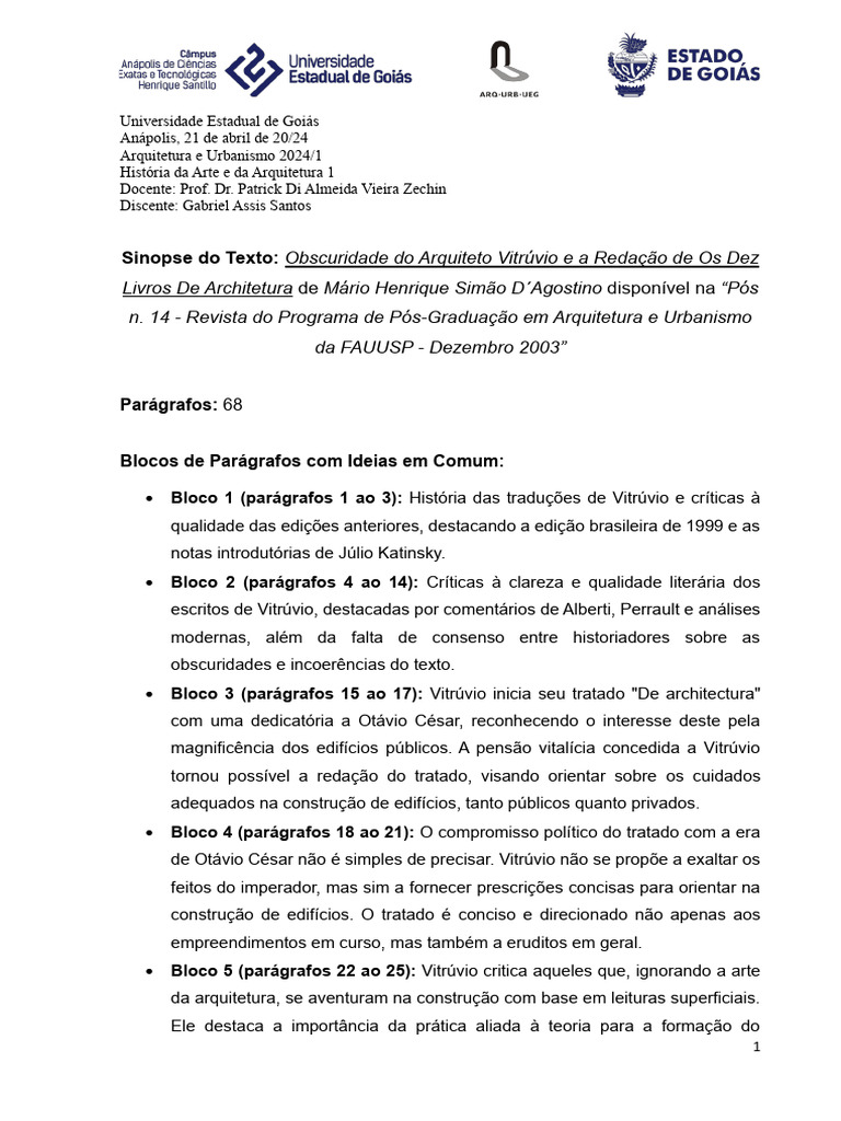 Resumo Do Texto Do Vitruvio - Gabriel Assis | PDF