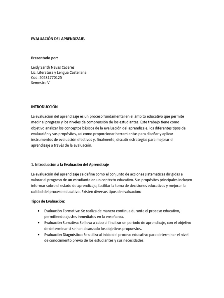 Trabajo Escrito Evaluación Del Aprendizaje. | PDF | Evaluación | Aprendizaje