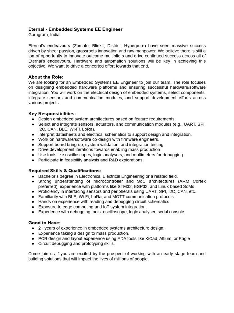 Embedded Systems Engineer at Eternal | PDF | Embedded System | Debugging