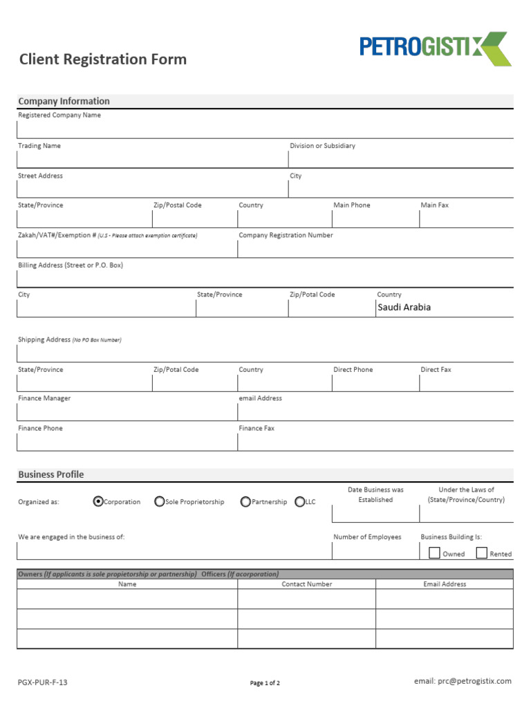 Petrogistix Client Registration Form | PDF | Bankruptcy | Sole Proprietorship