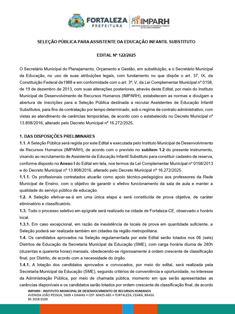 Edital 122 2025 Selecao Assistente Educacao Infantil SME 2025 Atual 4 Final | PDF | Gestão de ...