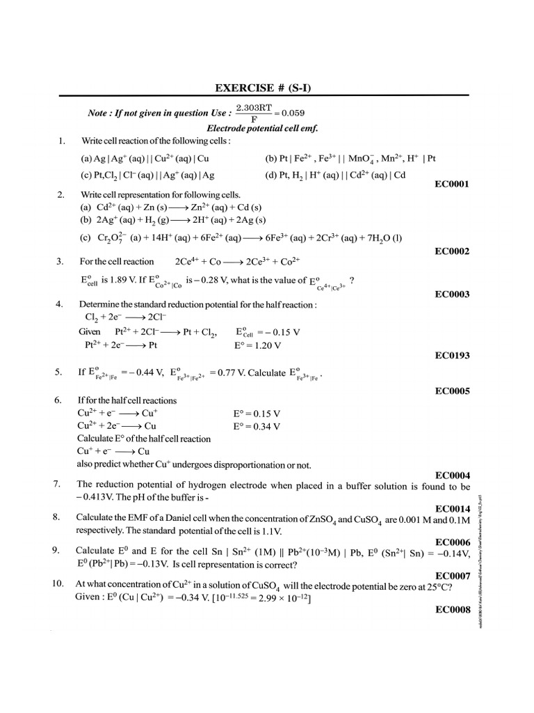 Electrochemistry Numericals | PDF