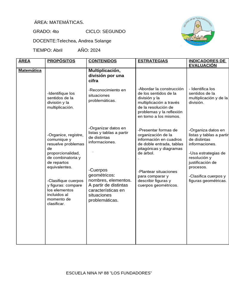 Unidad y Sec. Mat - 4° - Abril | PDF | División (Matemáticas) | Matemática Elemental
