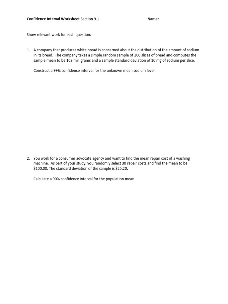 Stat. Confidence Interval Practice 9 - 1 New Book | PDF