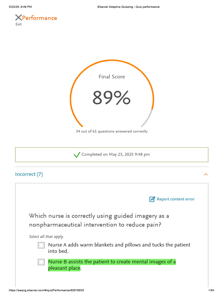 Elsevier Adaptive Quizzing - Quiz Performance 7 | PDF | Pain | Pain ...
