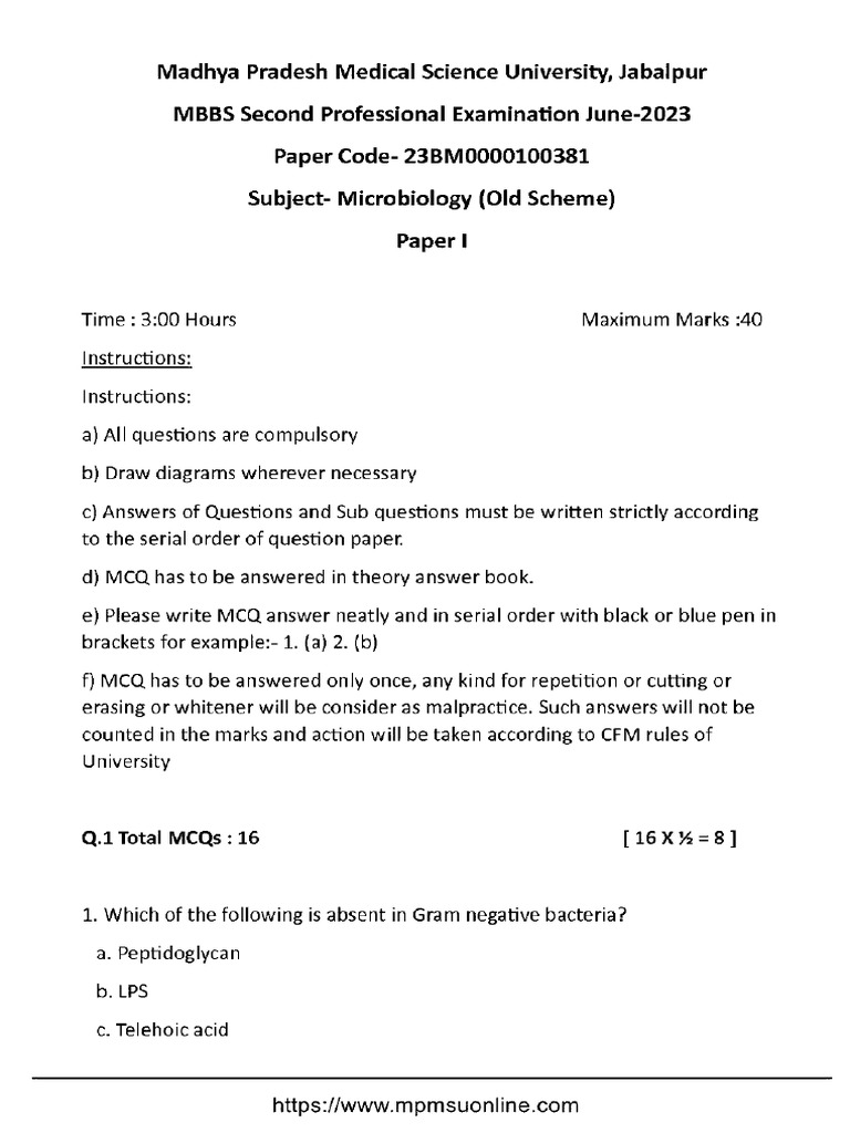 Mbbs 2 Year Microbiology p1 100381 Jun 2023 | PDF