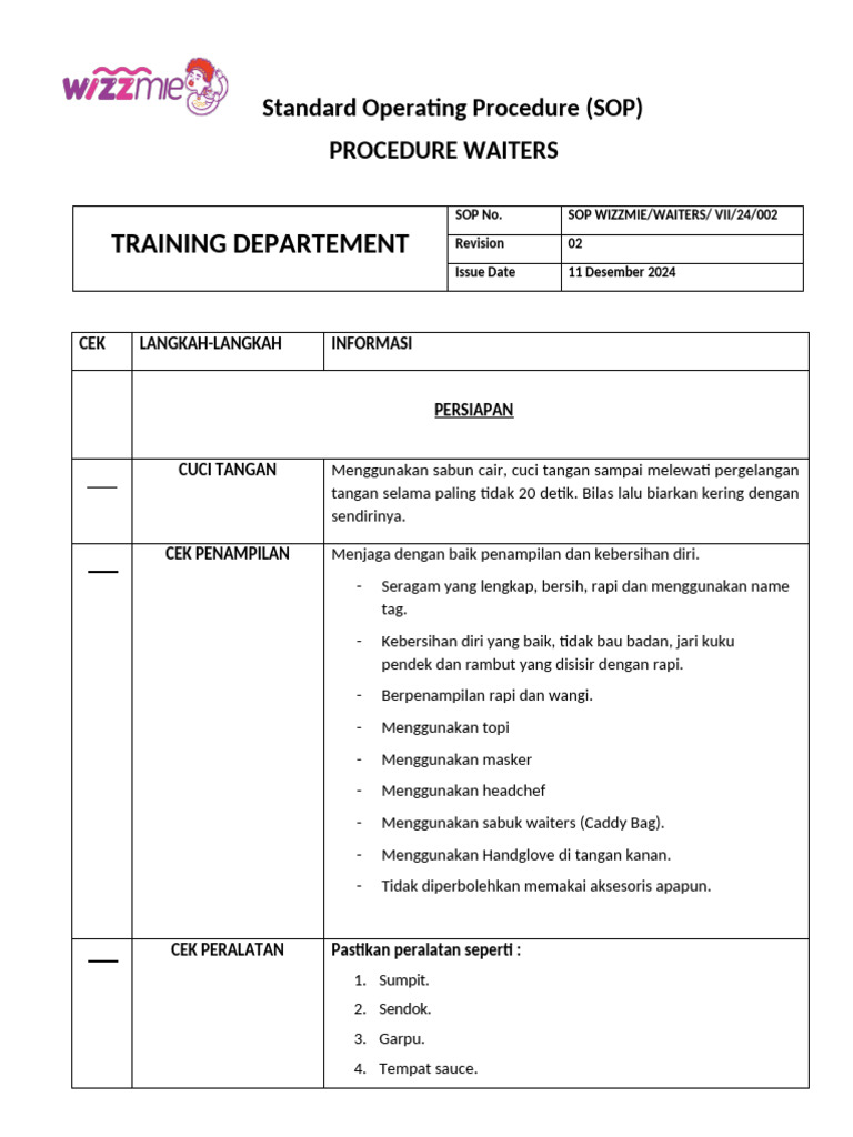 SOP Pelatihan Waiters Restoran | PDF