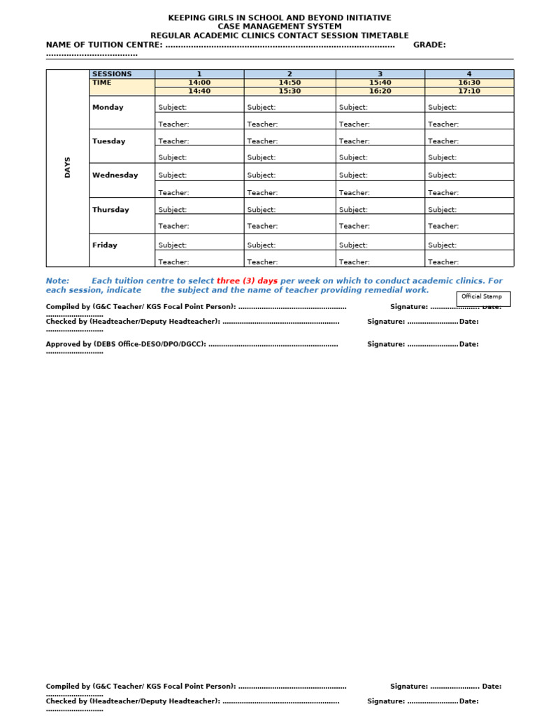 Phase I - CMS - Regular Academic Clinics TimeTable Template - Grade 9 ...
