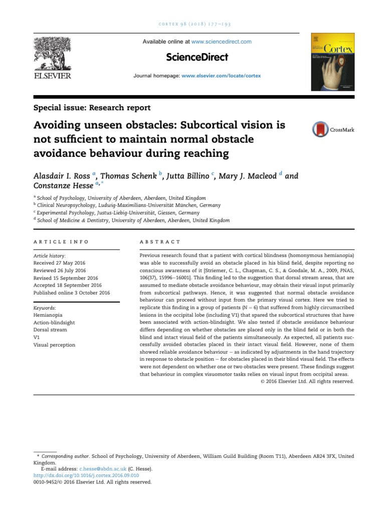 Avoiding Unseen Obstacles Subcortical Vision Is Not Sufficient To 2018 Cor | PDF | Visual Cortex ...