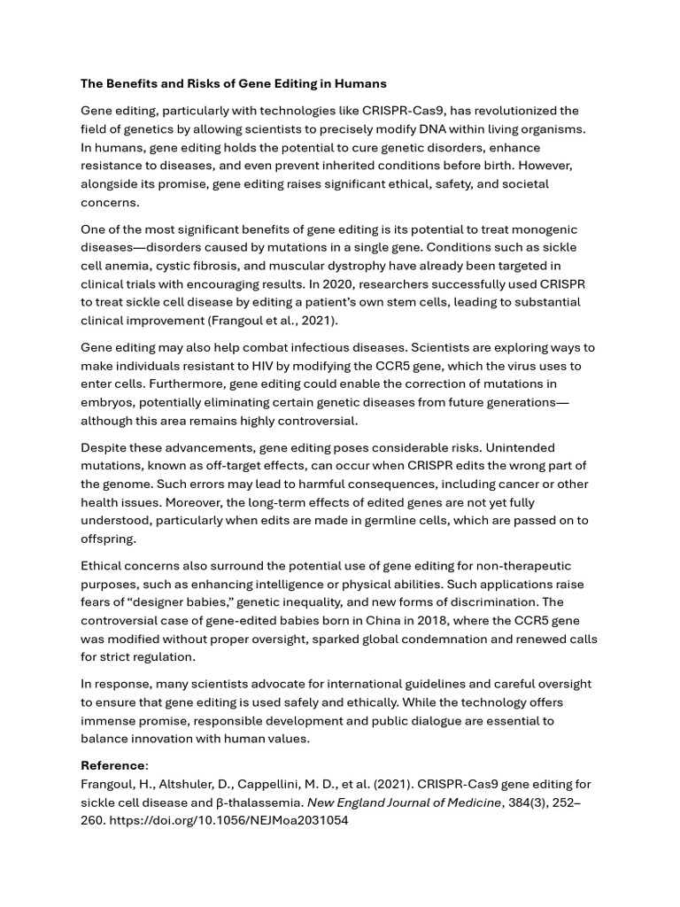 The Benefits and Risks of Gene Editing in Humans | PDF | Biological ...