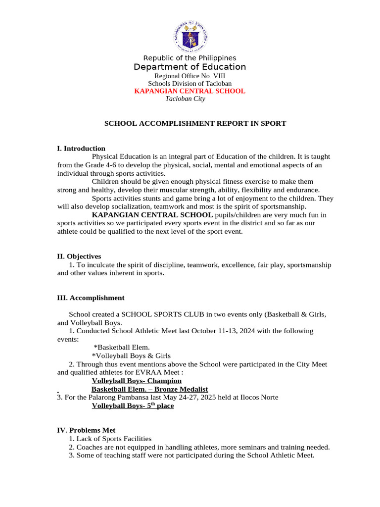 Sports Accomplishment Report 2025 | PDF | Sports