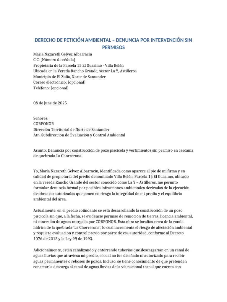 Denuncia Corponor Maria Gelvez Vertimientos Piscicola | PDF
