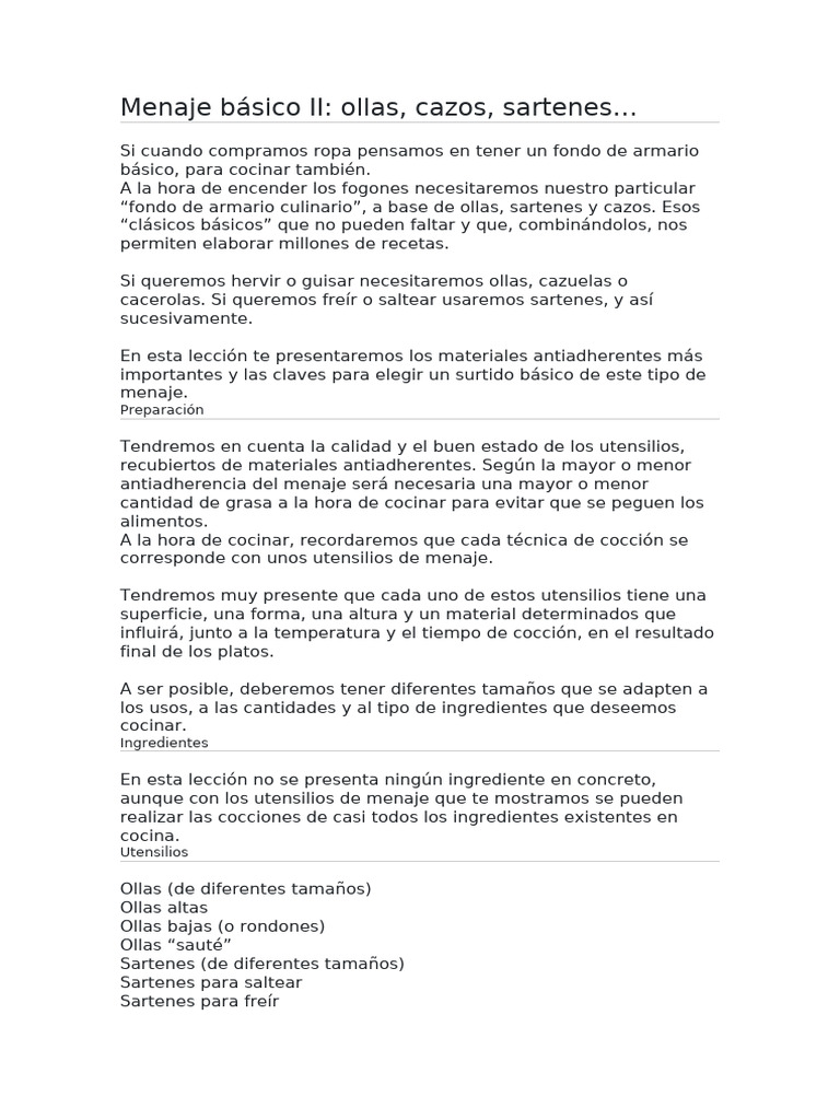 Menaje Básico II Ollas, Cazos, Sartenes | PDF
