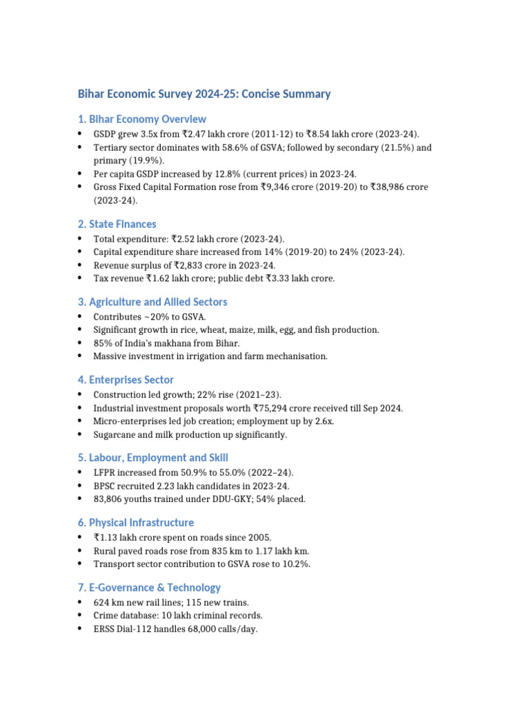 Bihar Economic Survey 2024-25 Summary | PDF | Gross Domestic Product ...