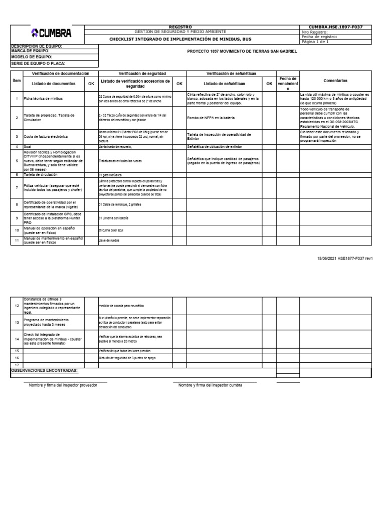 Check List Integrado Implementación Minibus, Bus | PDF | Tecnología de ...