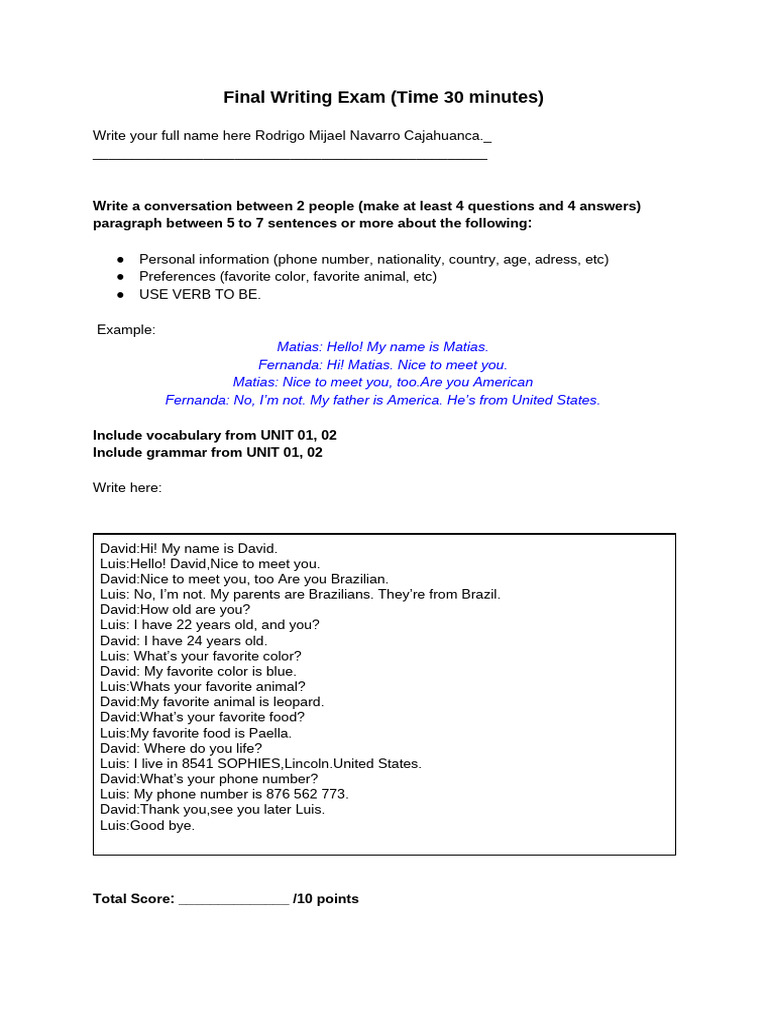 Final Writing Exam (Time 30 Minutes) | PDF