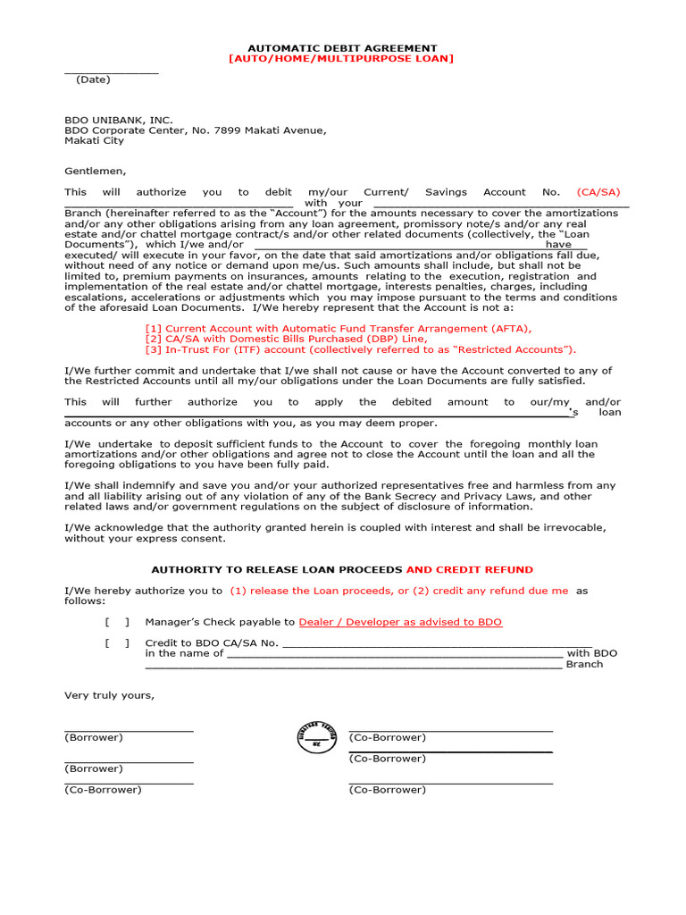 Automatic Debit Loan Authorization | PDF | Loans | Money