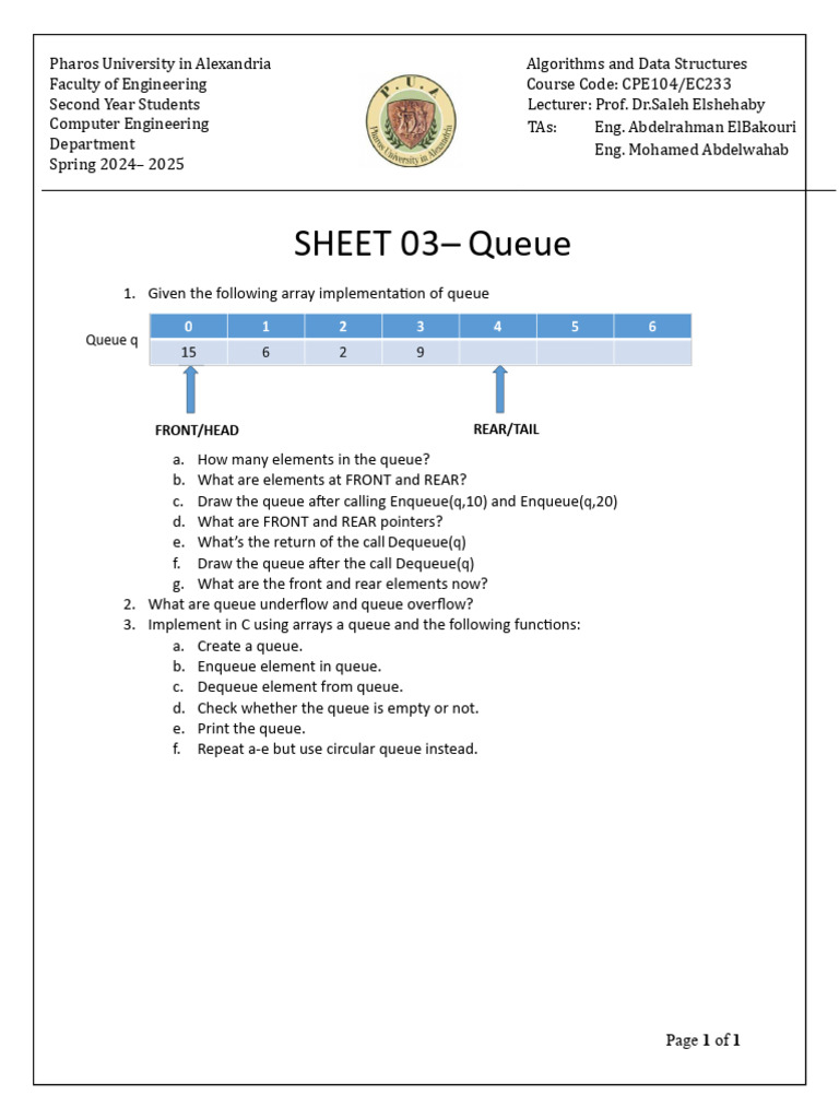 CPE104 EC233-Sheet03 Queue Using Arrays | PDF