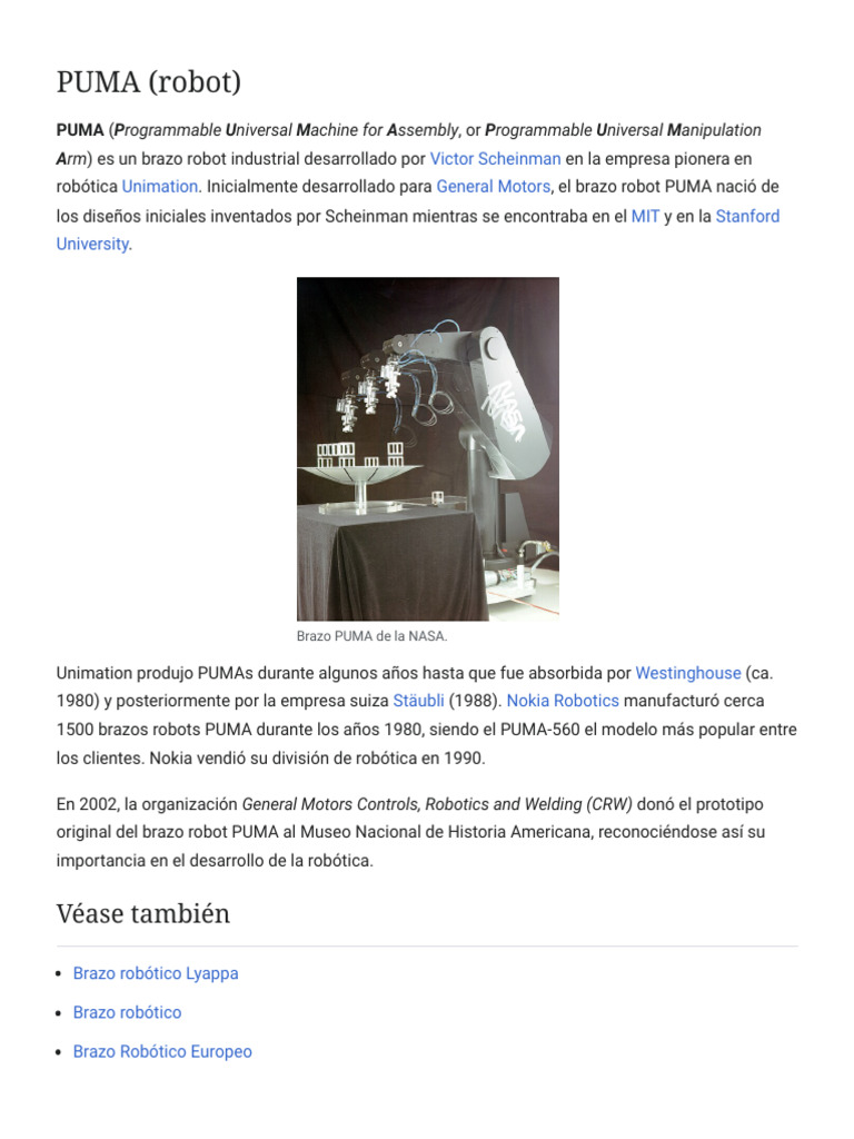 PUMA (Robot) - Wikipedia, La Enciclopedia Libre | PDF
