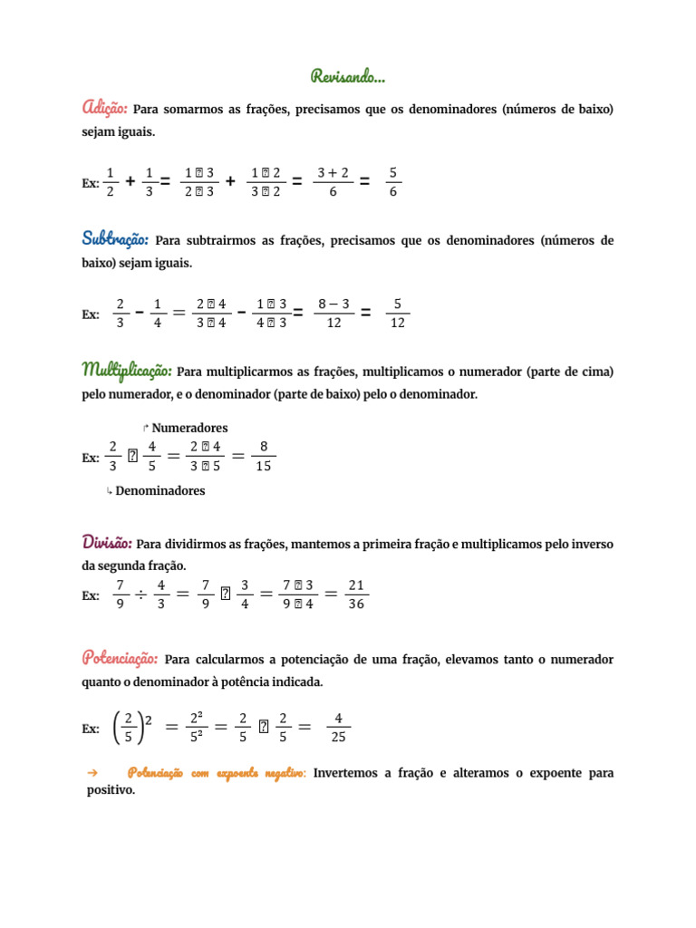 Operações com Frações: Guia Completo | PDF | Exponenciação | Conceitos ...