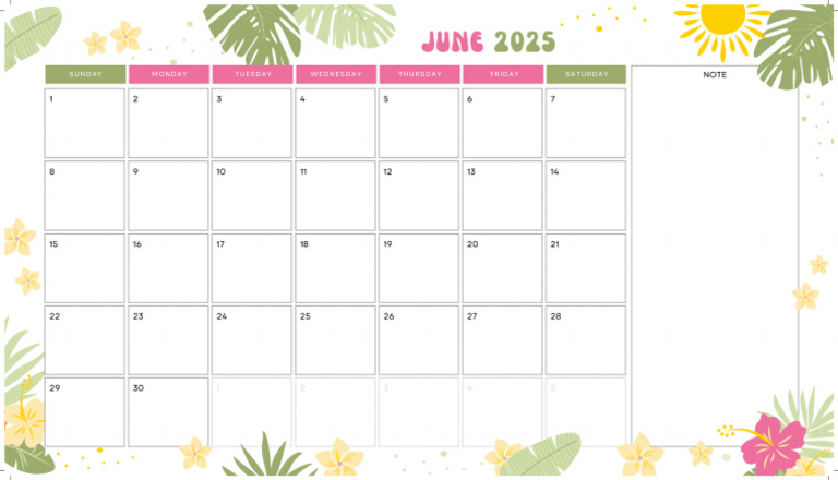 Green Pink Yellow Simple Illustrated Tropical June 2025 Monthly ...