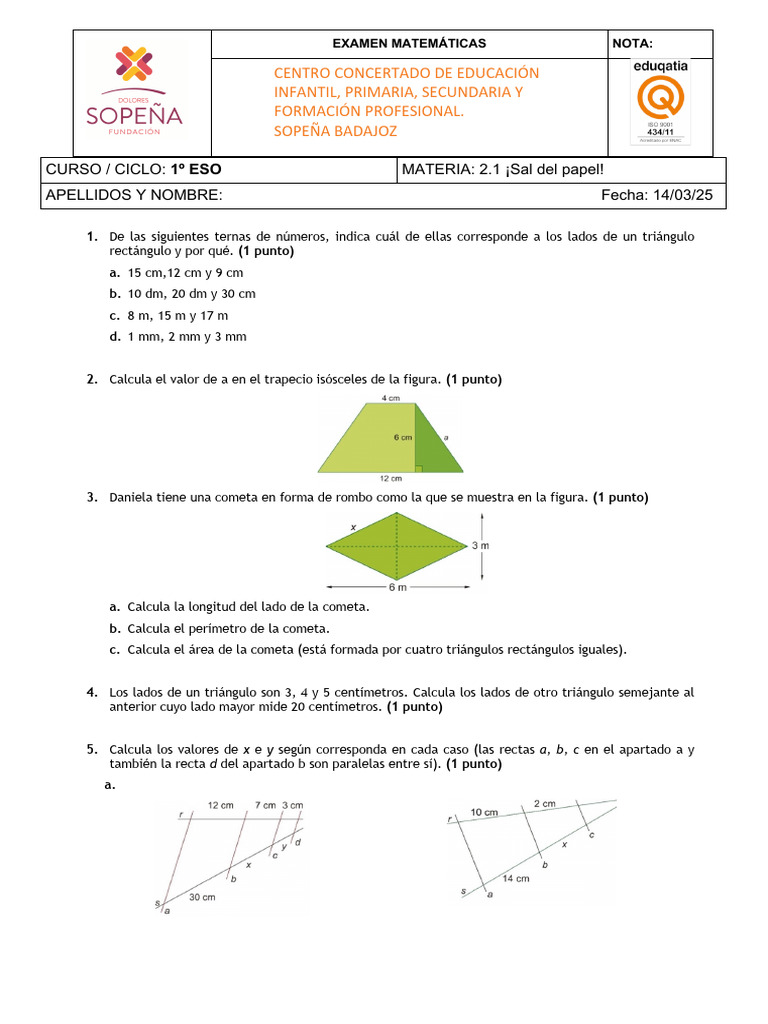 Examen de Mates de La Segunda Evaluación Segundo ESO 1.0 | PDF